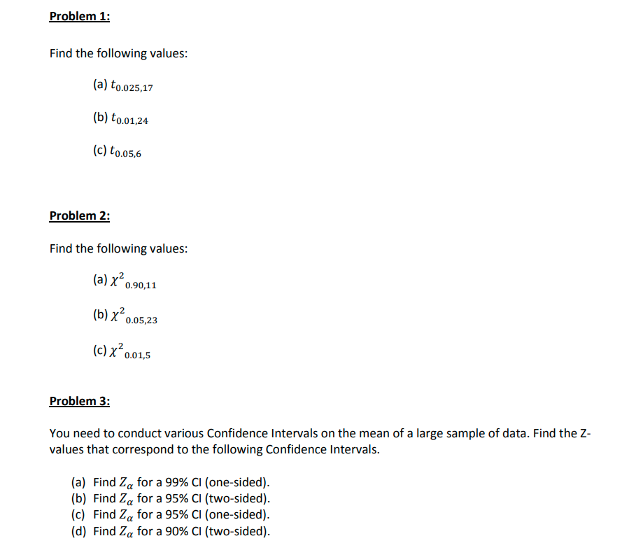 Solved Problem 1: Find the following values: (a) to.025,17 | Chegg.com