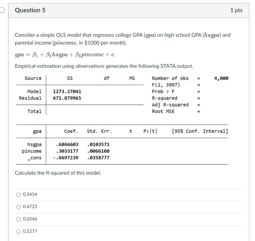 Solved Consider a simple OLS model that regresses college | Chegg.com