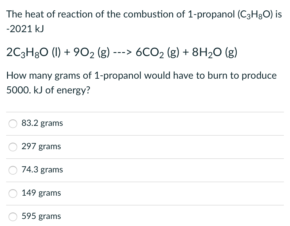 Solved The heat of reaction of the combustion of 1-propanol | Chegg.com
