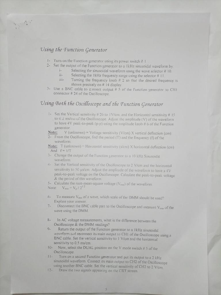 Exp. 3 The Oscilloscope And the Function Generator | Chegg.com