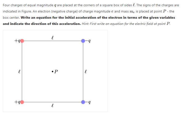Solved Four charges of equal magnitude q are placed at the | Chegg.com