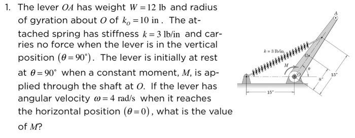 Solved 1. The lever OA has weight W-12 lb and radius of | Chegg.com