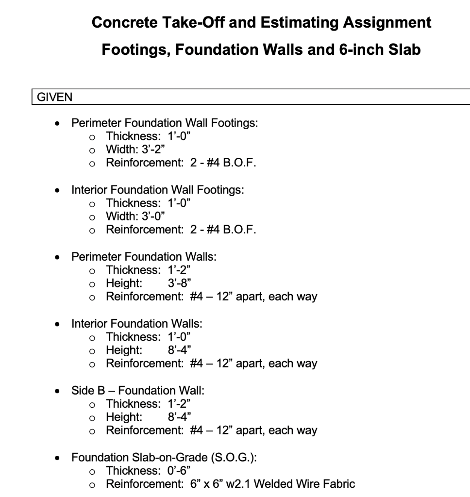 Solved Concrete Take-Off and Estimating Assignment Footings, | Chegg.com