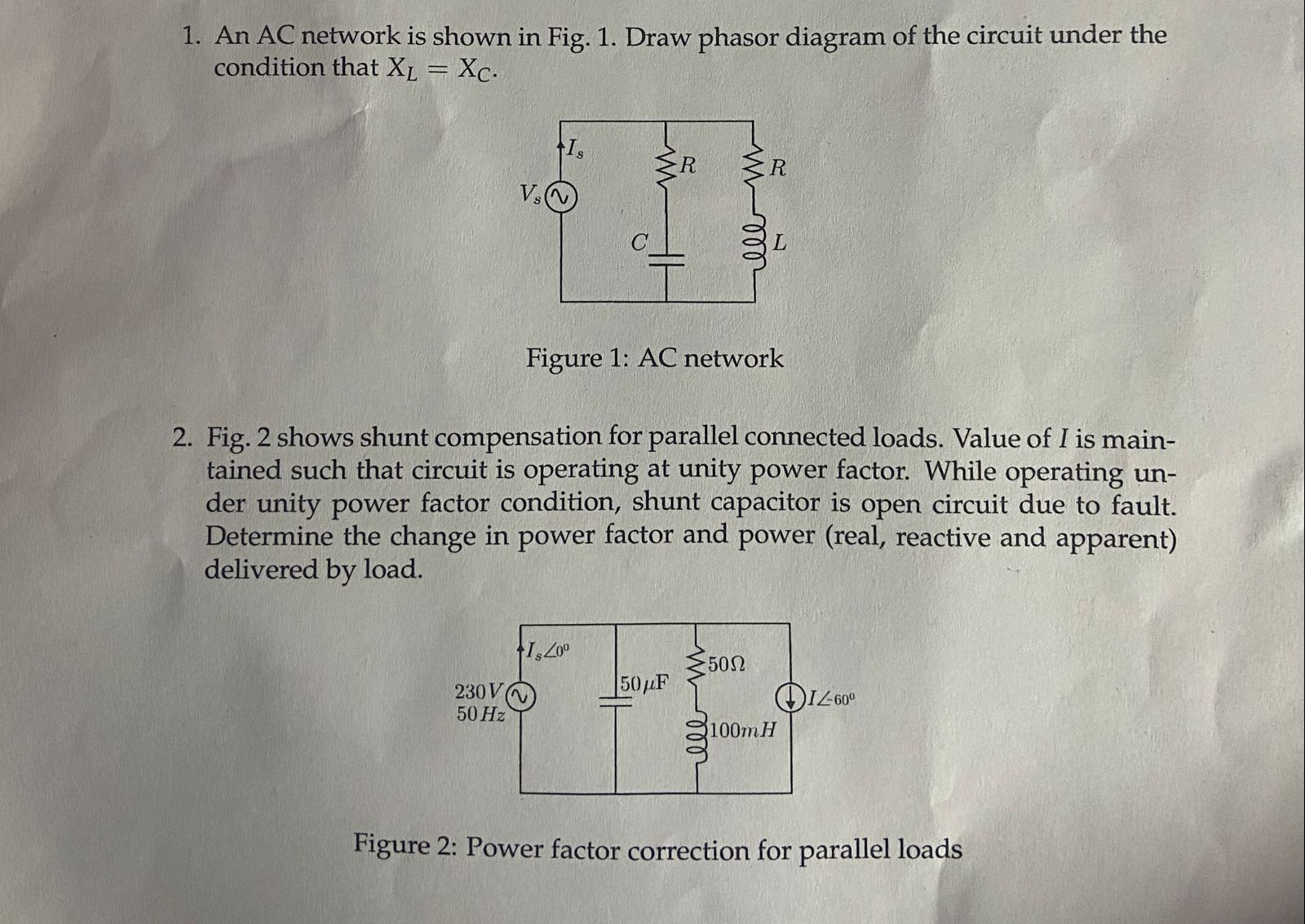 Solved An AC network is shown in Fig. 1. ﻿Draw phasor | Chegg.com