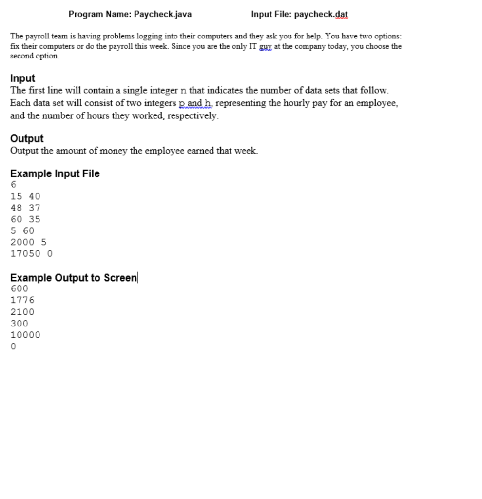 Solved Program Name Paycheckjava Input File Paycheckdat 2019