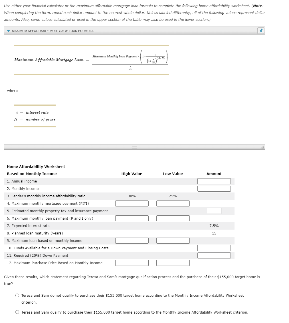 Solved Can Teresa and Sam afford this home using the monthly | Chegg.com