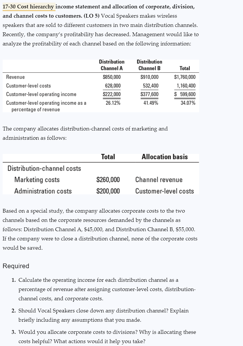 Solved 17 30 Cost Hierarchy Income Statement And Allocation