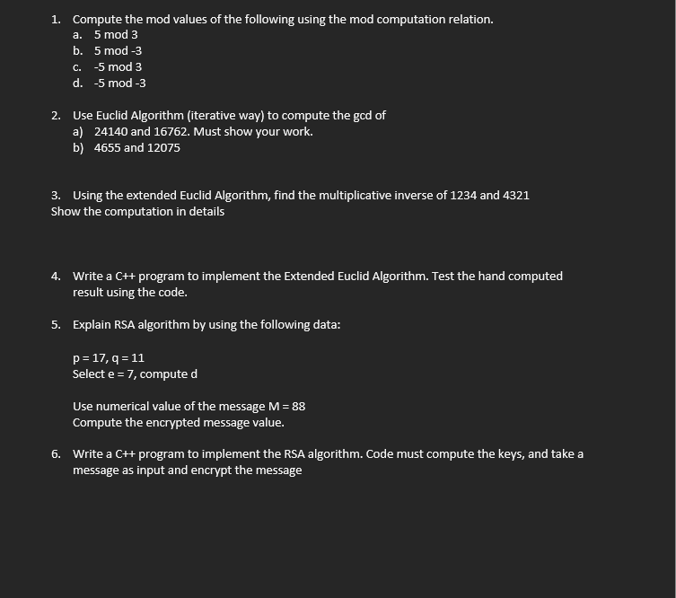 Solved 1 Compute The Mod Values Of The Following Using The 3183