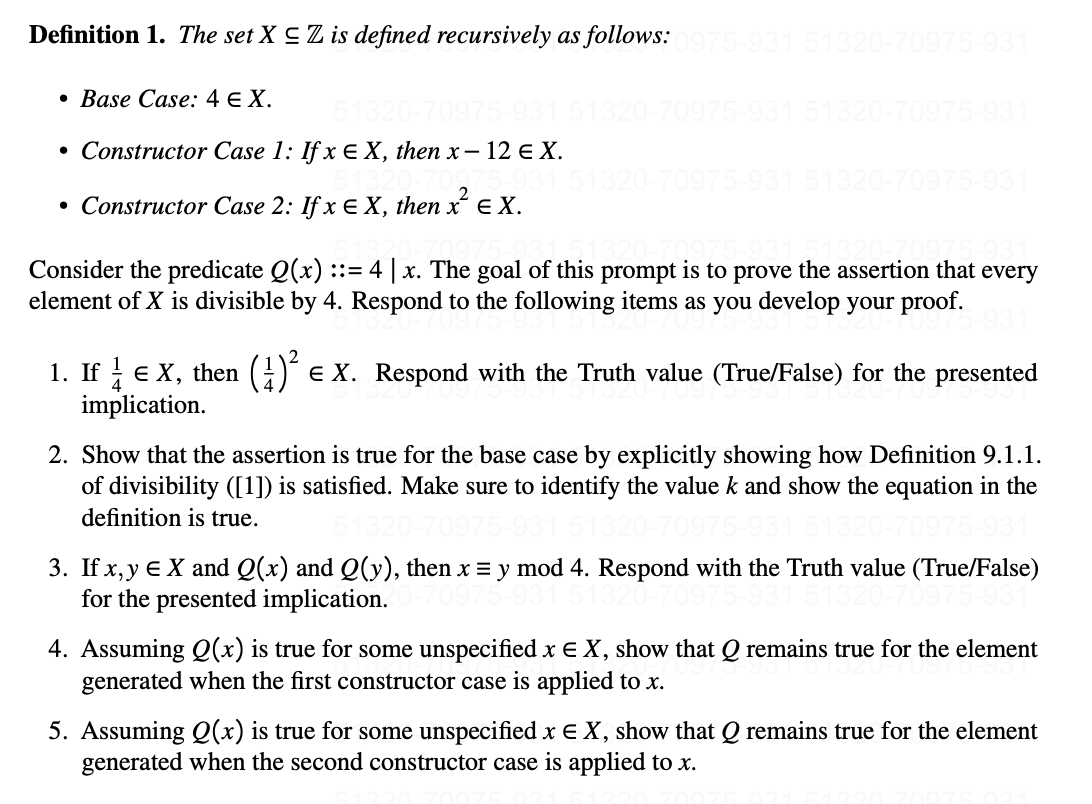 Solved Definition 1. The set X⊆Z is defined recursively as | Chegg.com