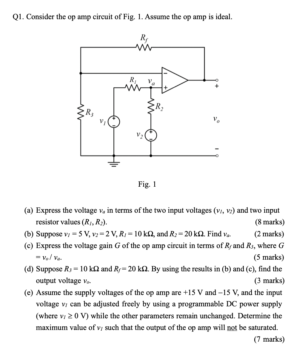 Solved Q1. Consider the op amp circuit of Fig. 1. Assume the | Chegg.com