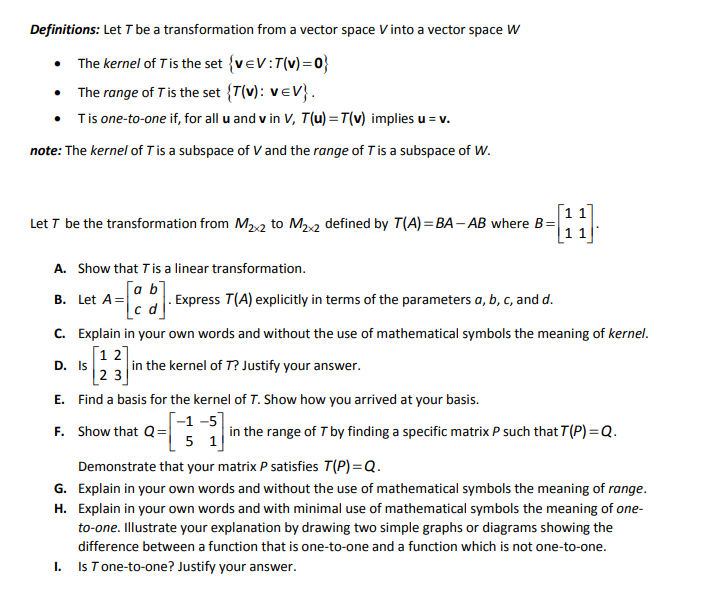 Solved Definitions: Let T be a transformation from a vector | Chegg.com