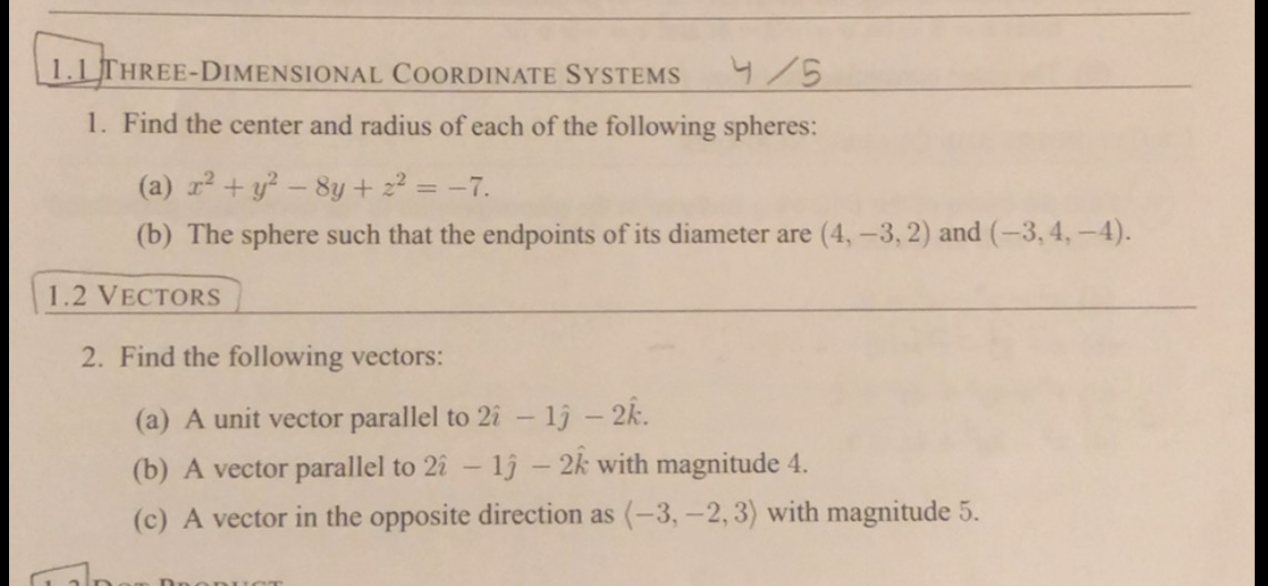 Solved 1.1 THREE-DIMENSIONAL COORDINATE SYSTEMS 4 /5 1. Find | Chegg.com