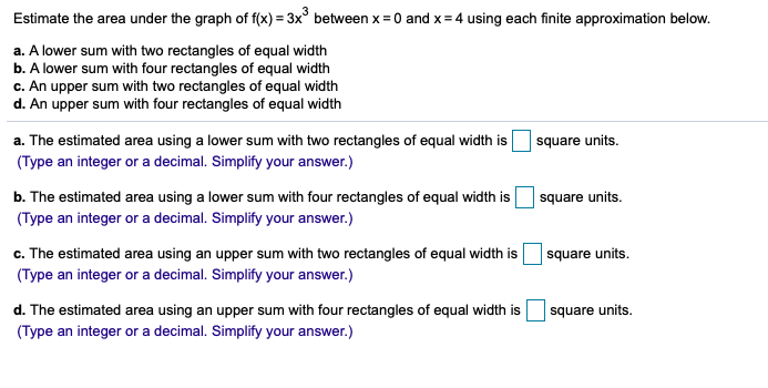 Solved Estimate the area under the graph of f(x) 3x° between | Chegg.com