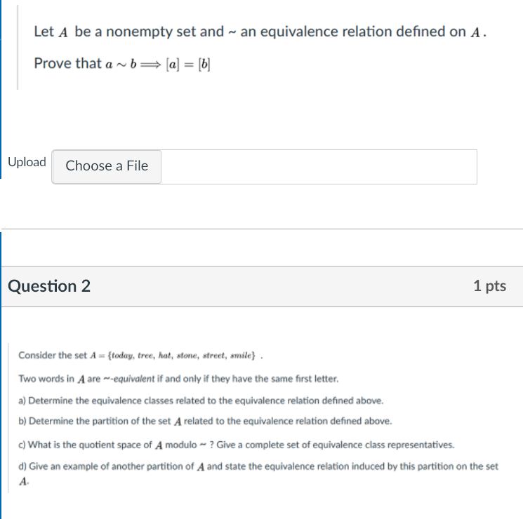 Solved Let A be a nonempty set and ~ an equivalence relation | Chegg.com