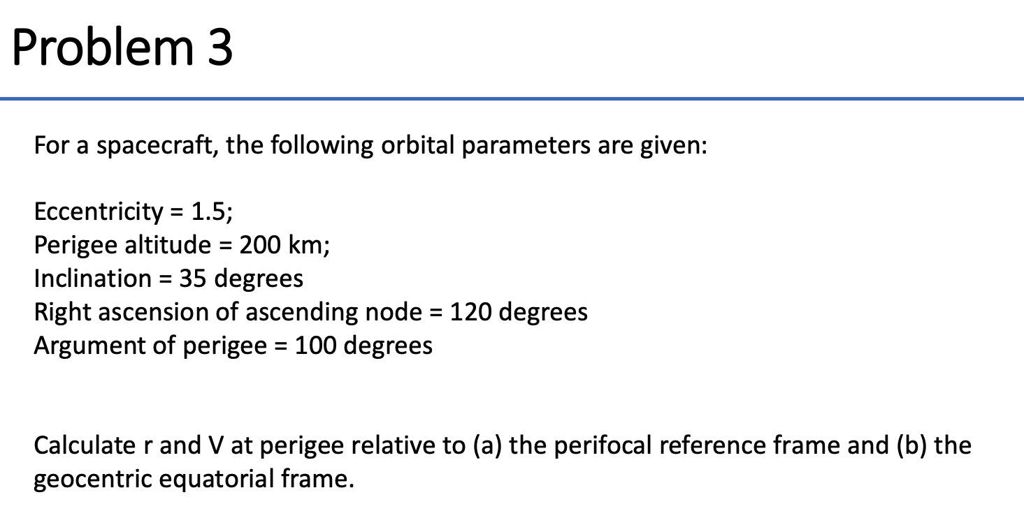 Solved For a spacecraft, the following orbital parameters | Chegg.com
