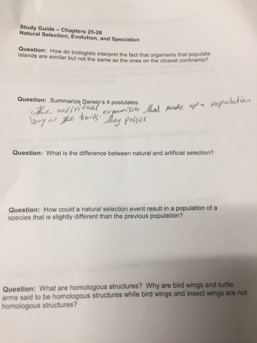Solved Study Guide -Chapters 25-28 Natural Selection, | Chegg.com