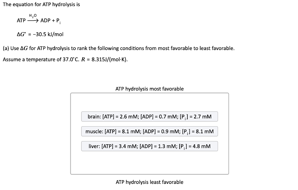 Solved The equation for ATP hydrolysis is H20 ATP —— ADP + P | Chegg.com