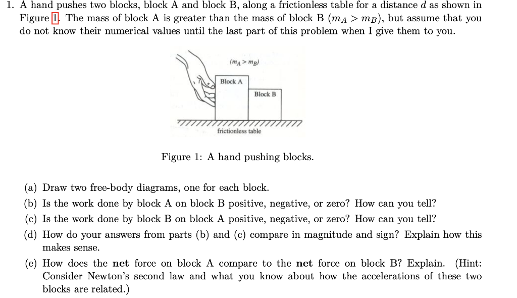 Solved 1. A hand pushes two blocks, block A and block B, | Chegg.com