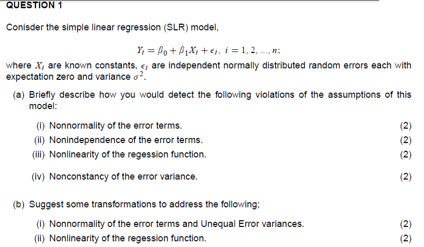 Solved QUESTION 1 Conisder the simple linear regression | Chegg.com