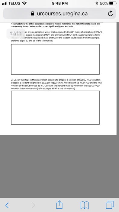 Solved TELUS令 9:48 PM * 56% urcourses.uregina.ca entire | Chegg.com