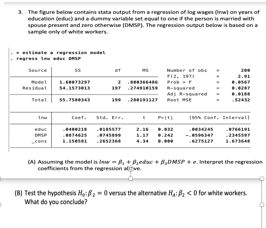 Solved 3 The Figure Below Contains Stata Output From A Chegg