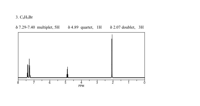 Solved 3. CsHoBr δ 7.29-7.40 multiplet, 5H δ 4.89 quartet, 1 | Chegg.com