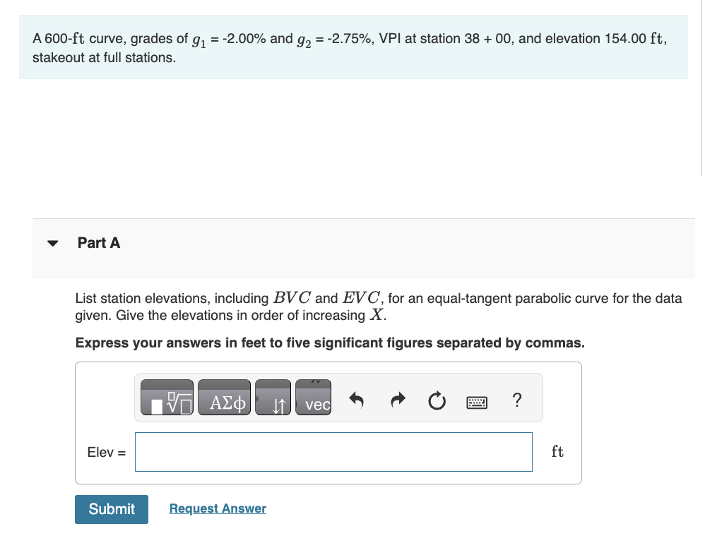Solved A 600-ft ﻿curve, grades of g1=-2.00% ﻿and g2=-2.75%, | Chegg.com