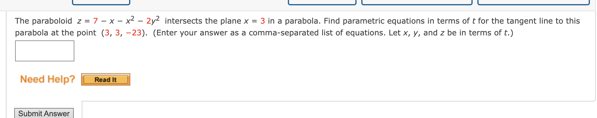 Solved The paraboloid z=7−x−x2−2y2 intersects the plane x=3 | Chegg.com