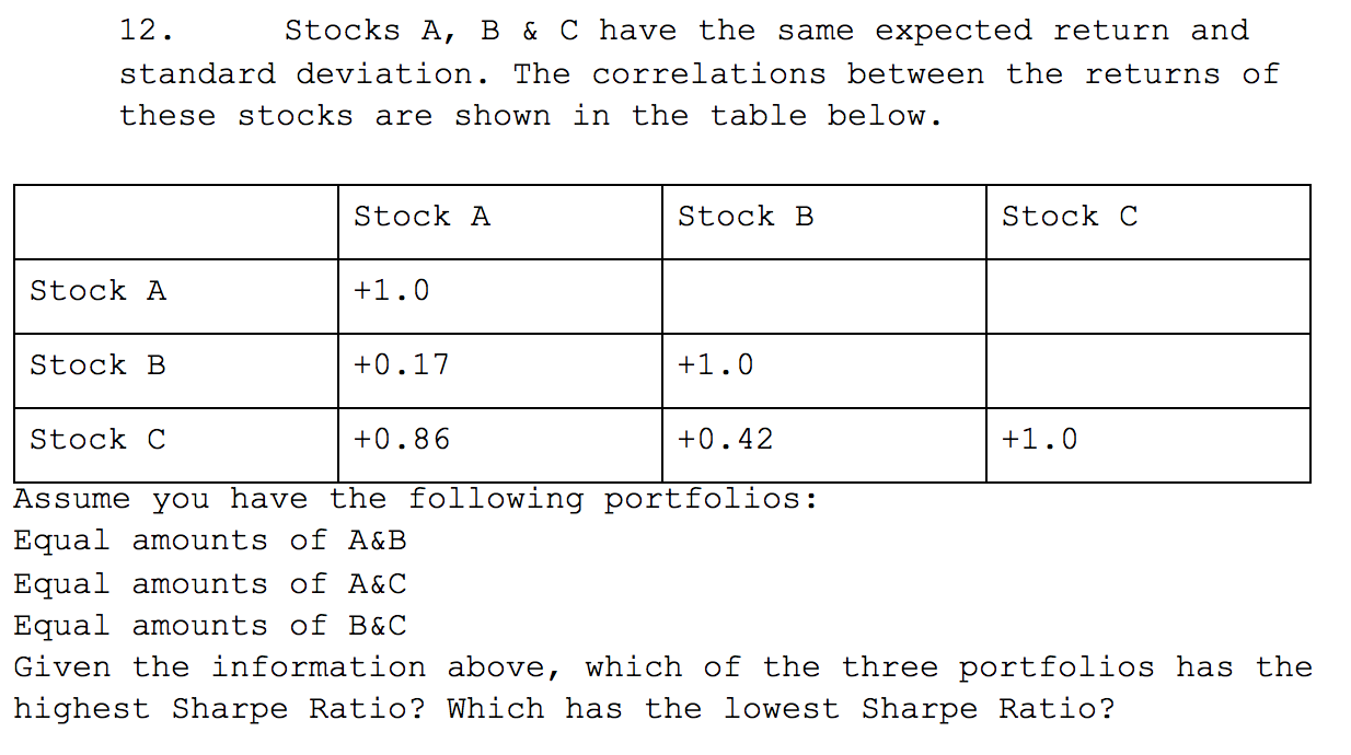 Solved 12. Stocks A, B & C have the same expected return and | Chegg.com