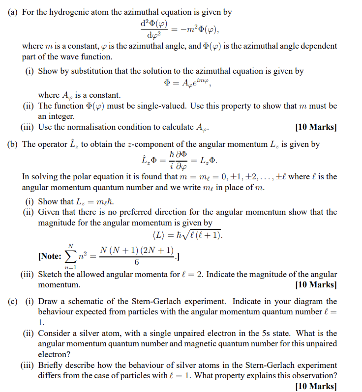Solved do2 ide (a) For the hydrogenic atom the azimuthal | Chegg.com