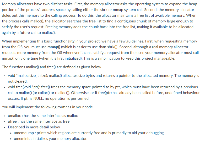 Solved Memory allocators have two distinct tasks. First, the | Chegg.com