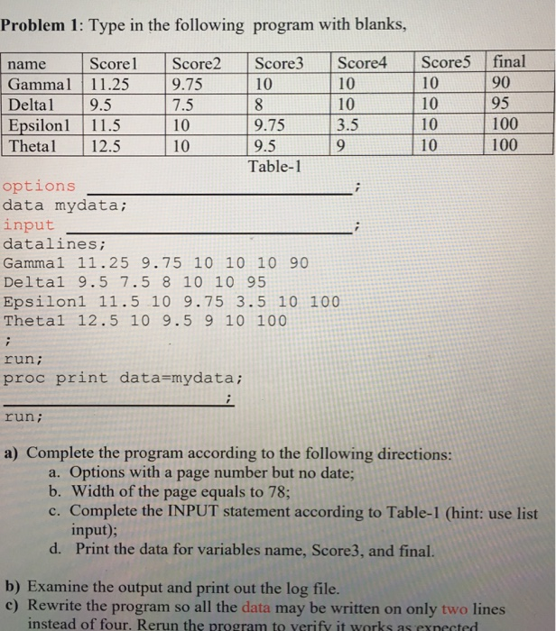 Solved Problem 1: Type in the following program with blanks, | Chegg.com