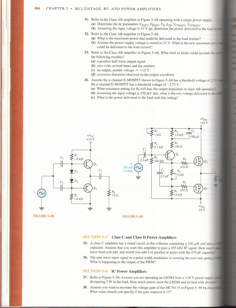 Solved 31. Refer to the Class AB amplifier in Figure 5-68 | Chegg.com