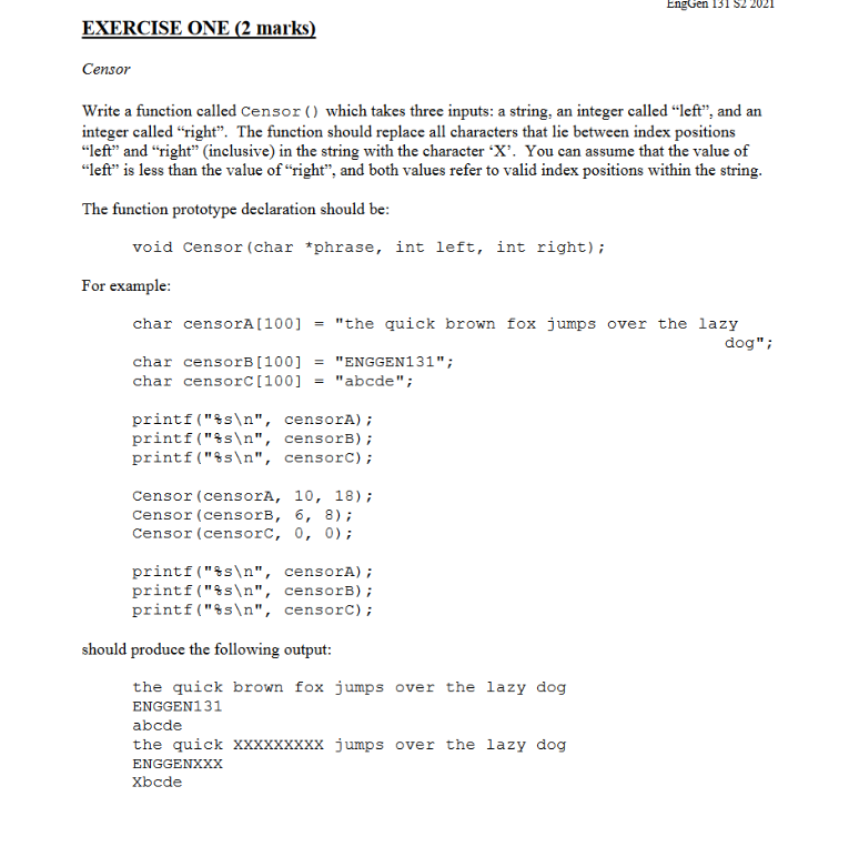 Solved EngGen 131 S2 2021 EXERCISE ONE (2 marks) Censor | Chegg.com