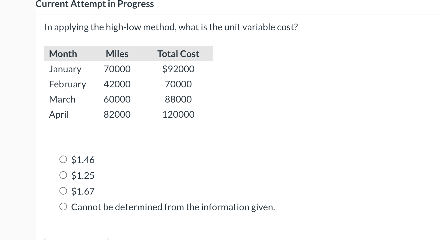 Solved Current Attempt in Progress In applying the high-low | Chegg.com