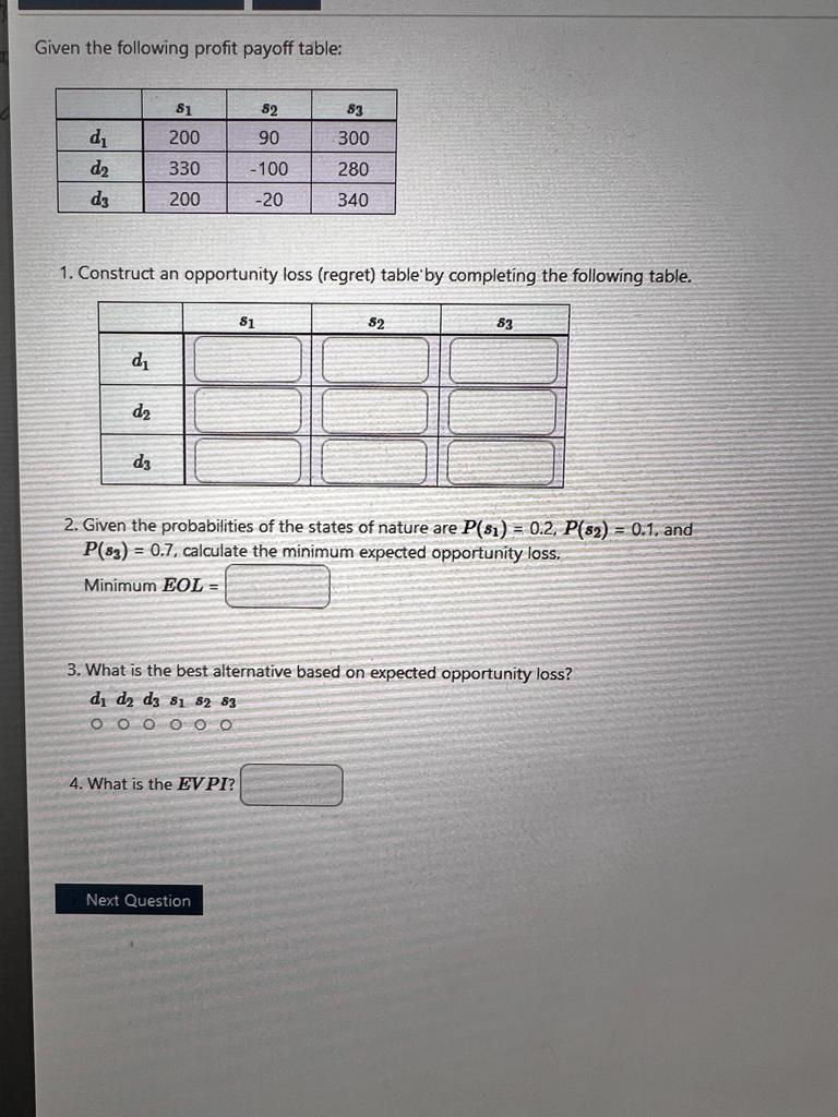 Solved Given the following profit payoff table: 81 82 83 d₁ | Chegg.com