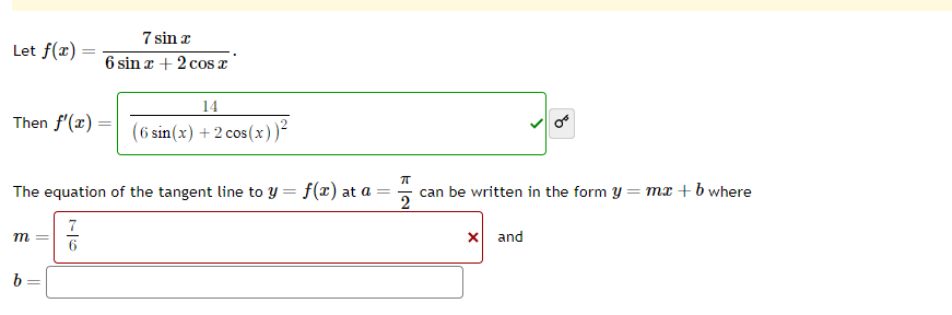 Solved Let f(x)= (7 sin x)/(6 sin x + 2 cos x) The equation | Chegg.com