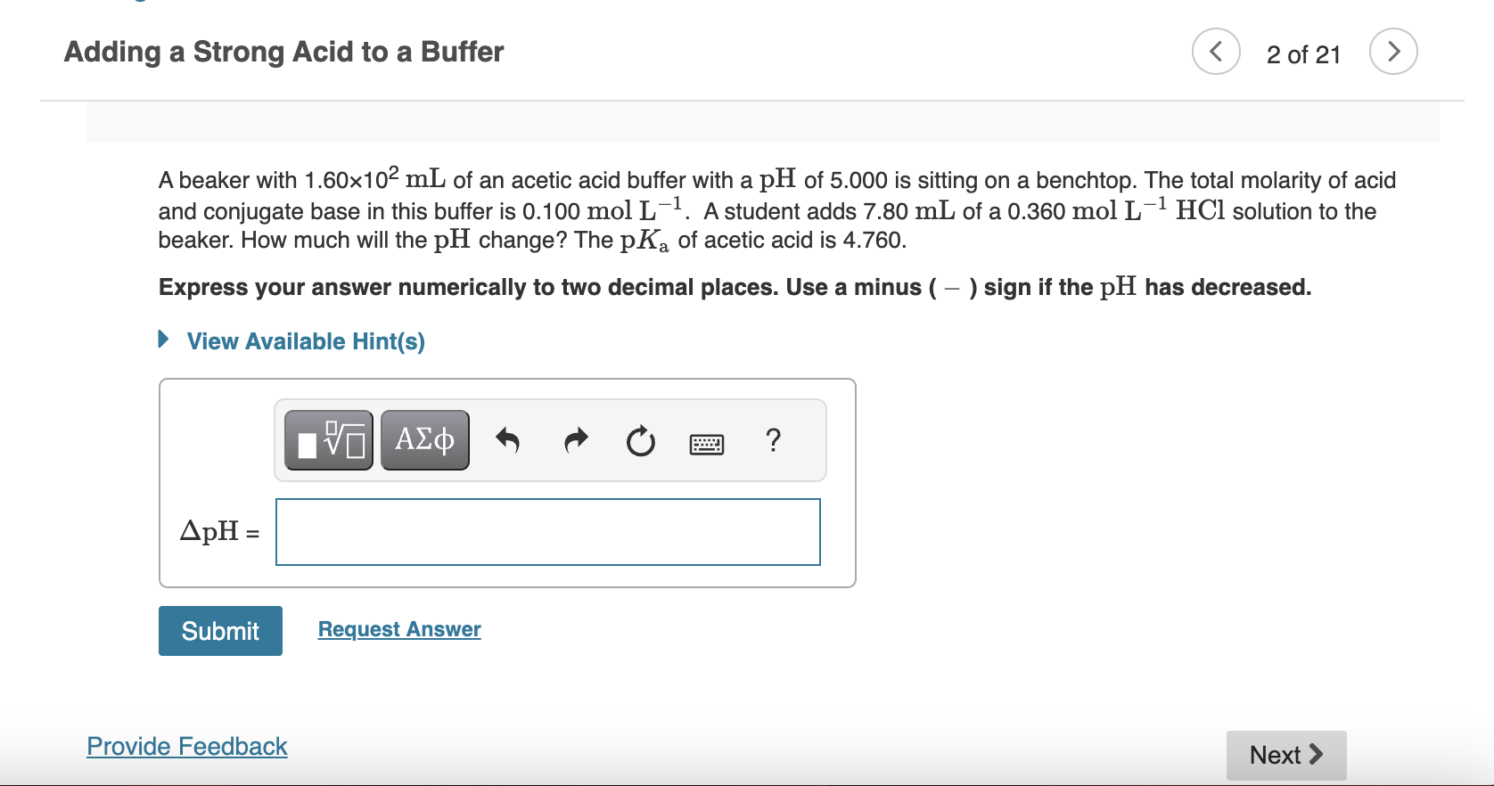 Solved Adding a Strong Acid to a Buffer 2 of 21 A beaker | Chegg.com