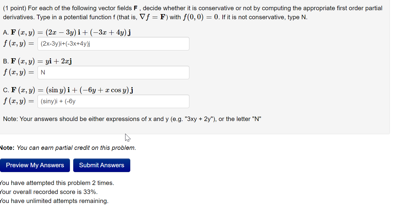Solved (1 point) For each of the following vector fields F, | Chegg.com