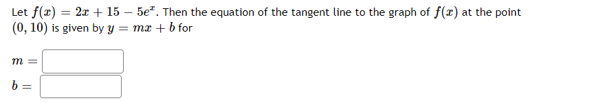 Solved Let f(x)=2x+15−5ex. Then the equation of the tangent | Chegg.com