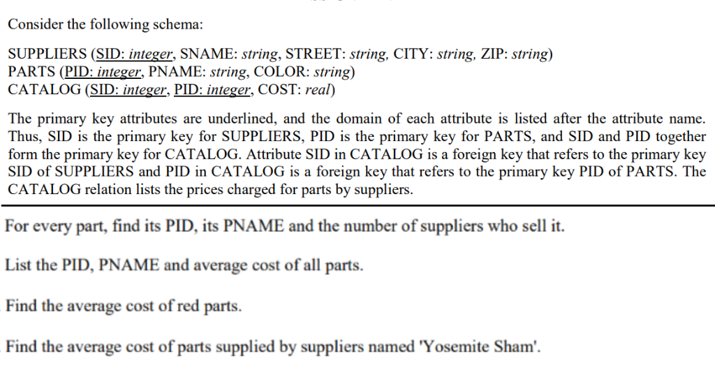 Solved Consider the following schema: SUPPLIERS (SID: | Chegg.com