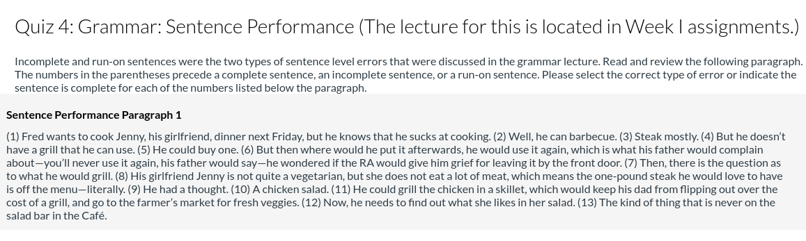 Quiz 4: Grammar: Sentence Performance (The lecture | Chegg.com