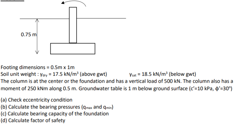 0.75 m Footing dimensions = 0.5m x 0.75m Soil unit | Chegg.com