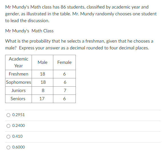 Solved Mr Mundy's Math class has 86 students, classified by | Chegg.com