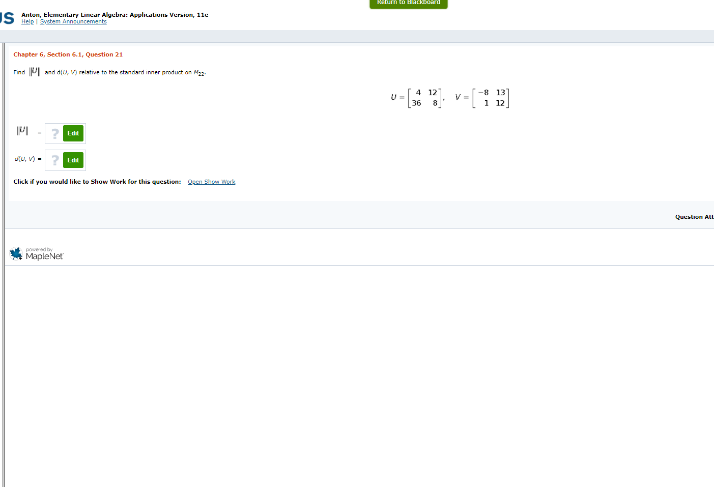 Solved Return to Blackboard IS Anton, Elementary Linear | Chegg.com