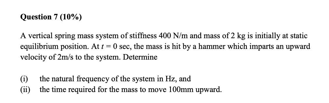 Solved Question 7 (10%) A vertical spring mass system of | Chegg.com