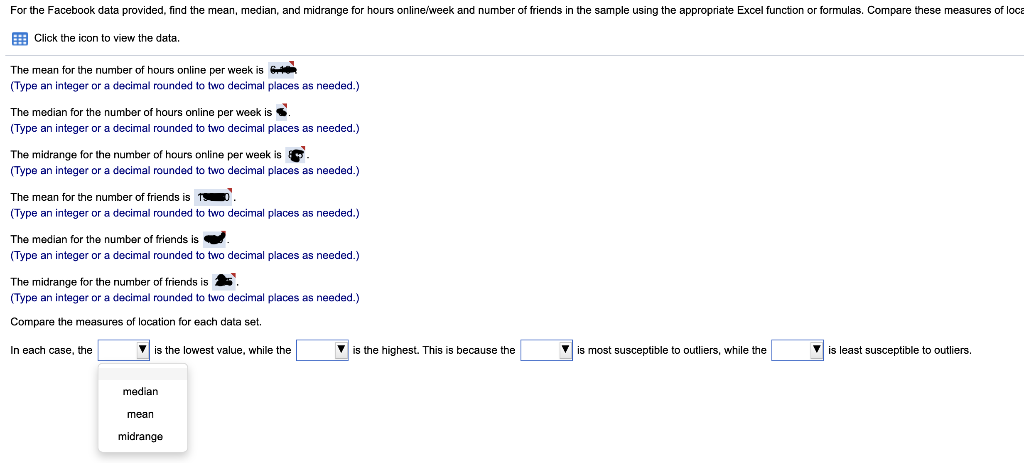 Solved For the Facebook data provided, find the mean, | Chegg.com