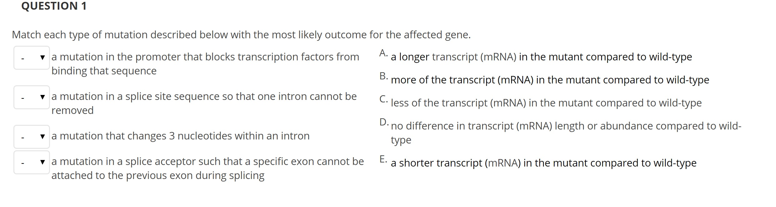 Solved QUESTION 1 Match each type of mutation described | Chegg.com