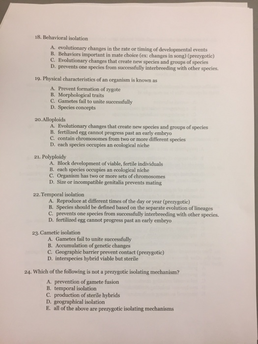 Solved 18. Behavioral isolation A. evolutionary changes in | Chegg.com