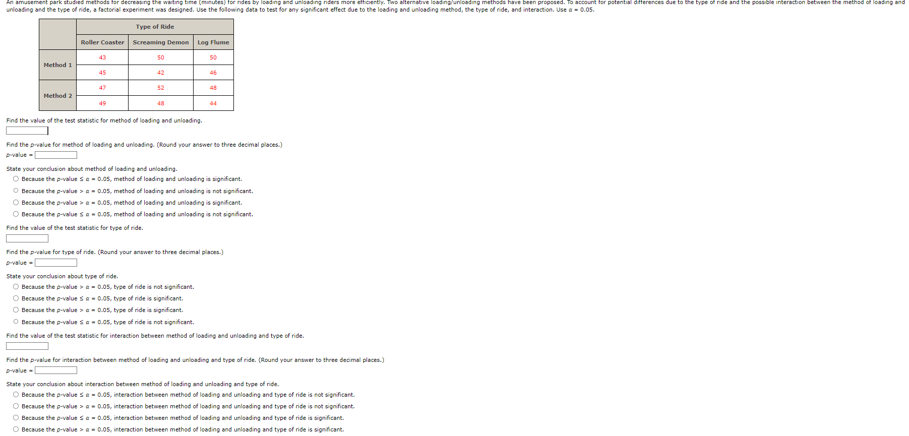 Solved unloading and the type of ride, a factorial | Chegg.com